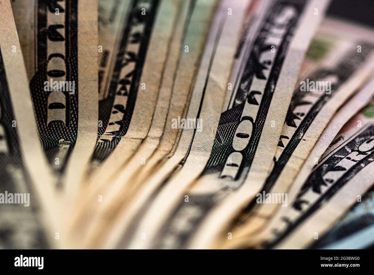 Selective focus on detail of dollars banknotes. Close up macro detail ...