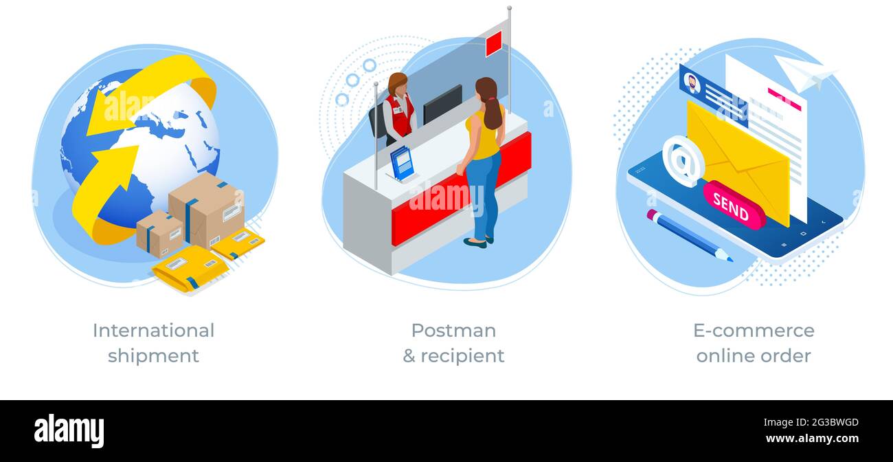 Isometric concept of International shipment, Postman recipient and E ...