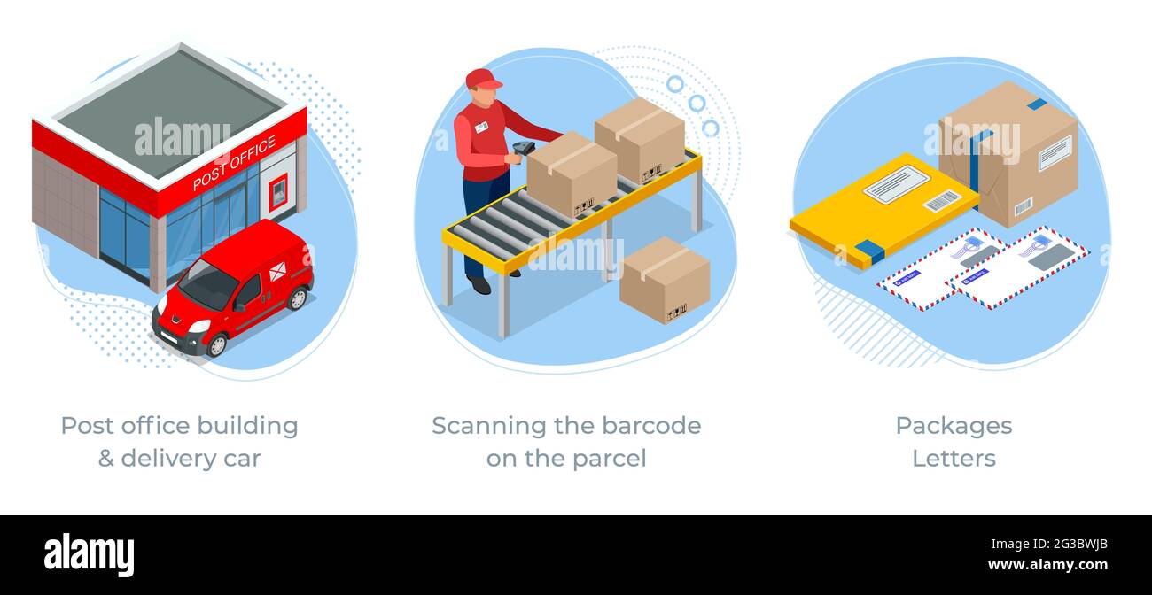 Isometric concept of Post office building delivery car, Scanning the ...