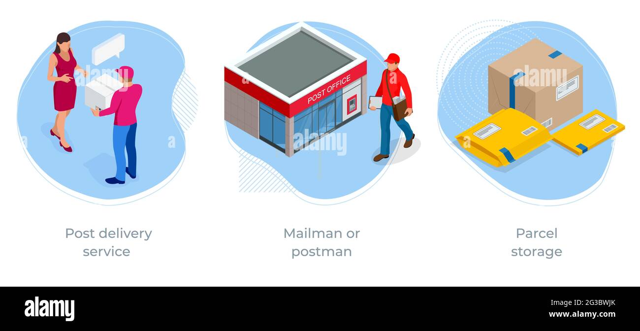 Isometric concept of Post office, Post delivery service , Mailman or ...