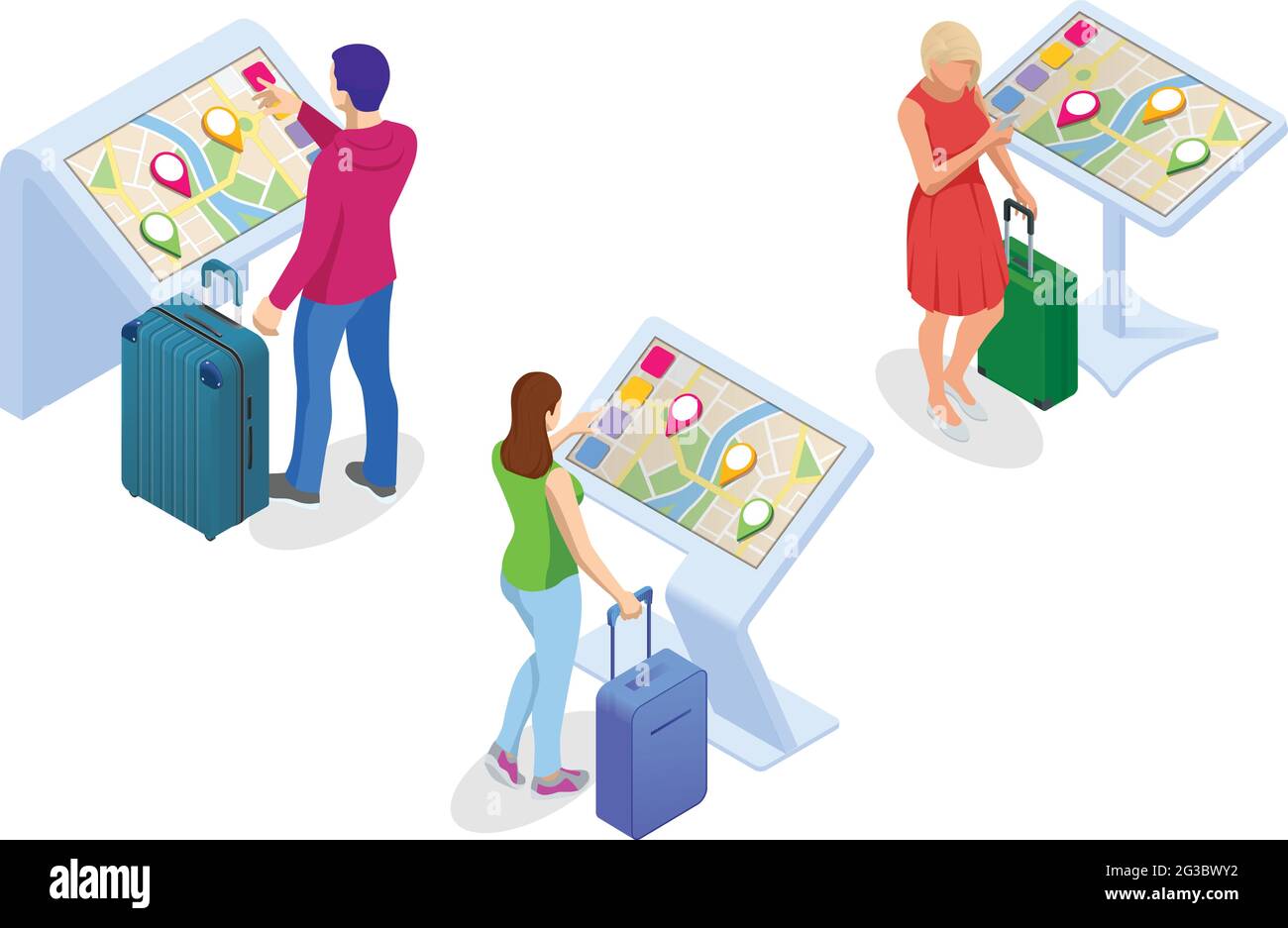 Isometric Promotional Interactive Information Kiosk, Advertising Display, Terminal Stand, Touch ...