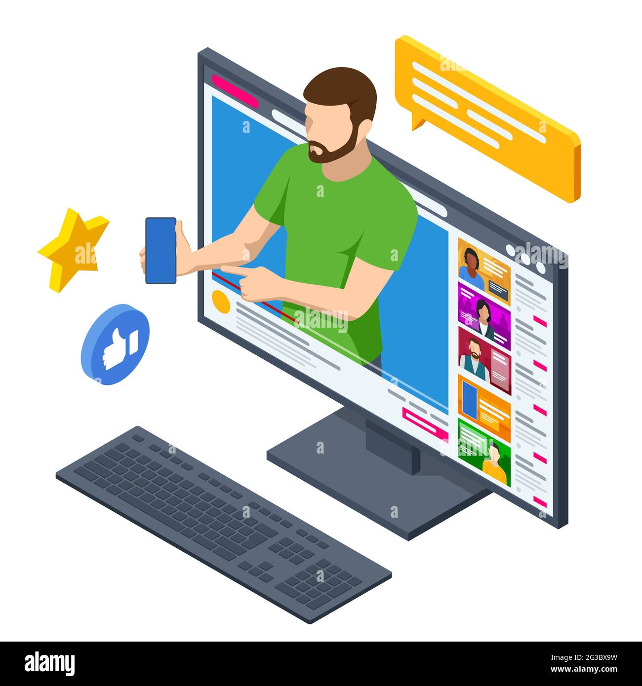 Isometric Video Blogger Recording Video With Camera. Journalist ...