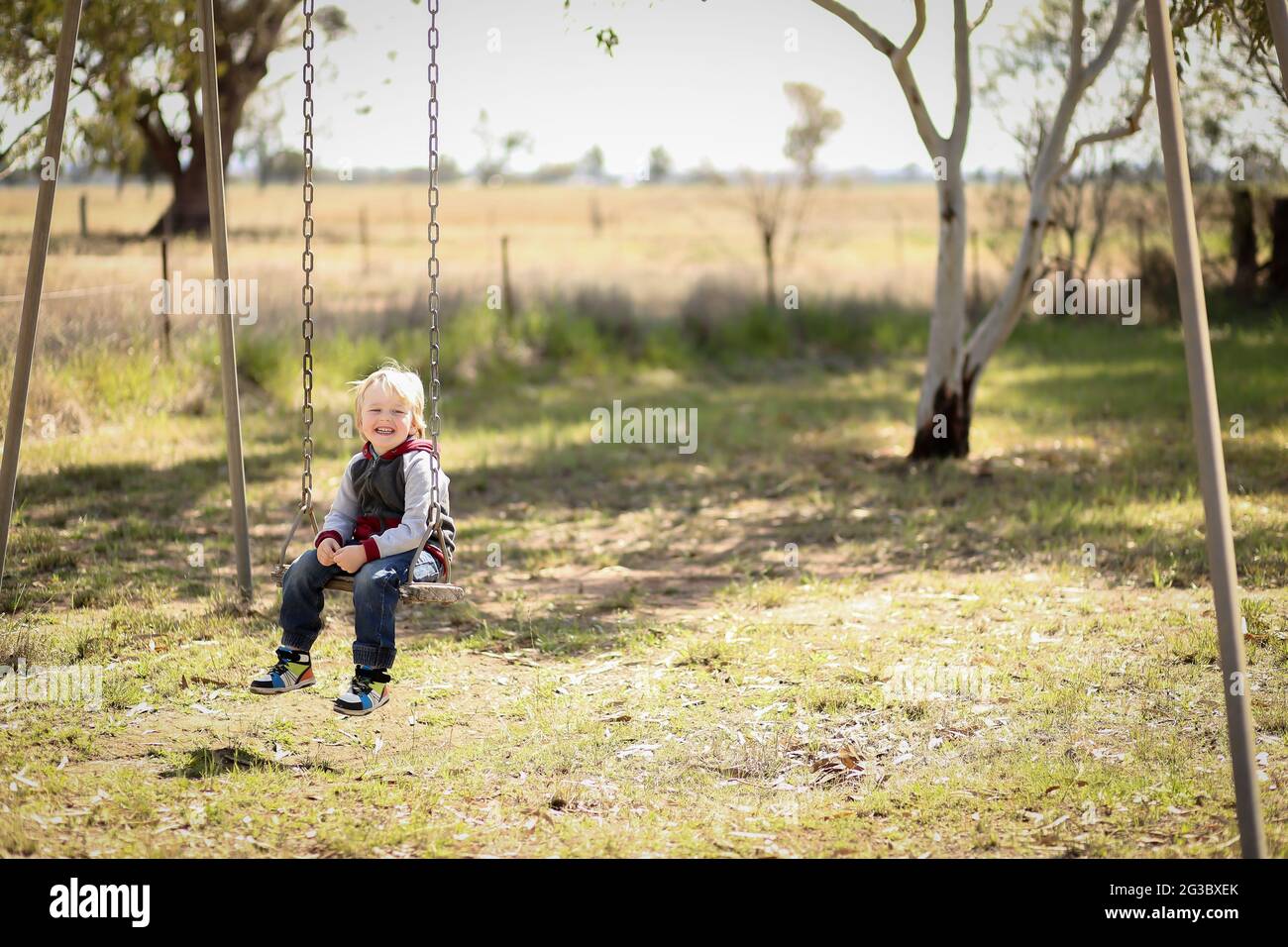 Happy adorable blonde Australian kid sitting on a swing in the ...