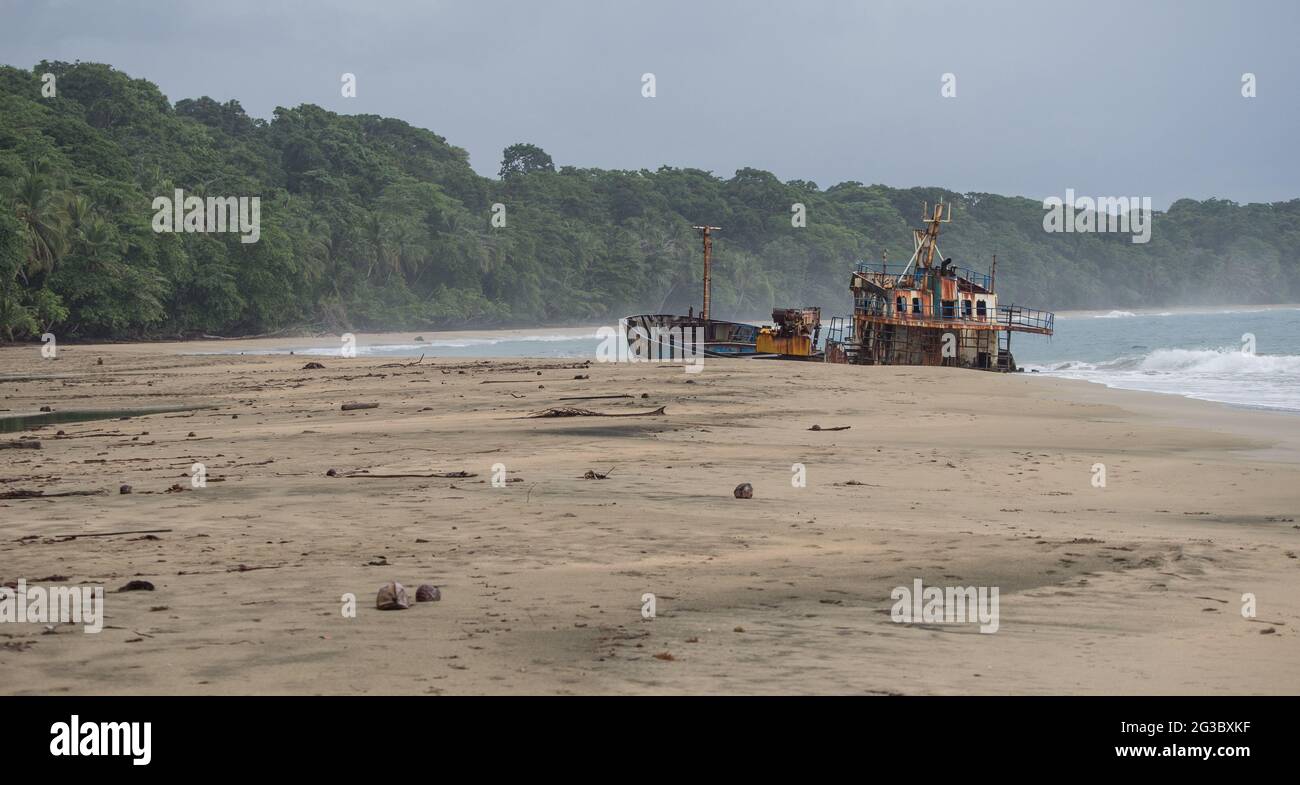 Grounded vessel on a Caribbean beach near Manzanillo, Costa Rica Stock ...