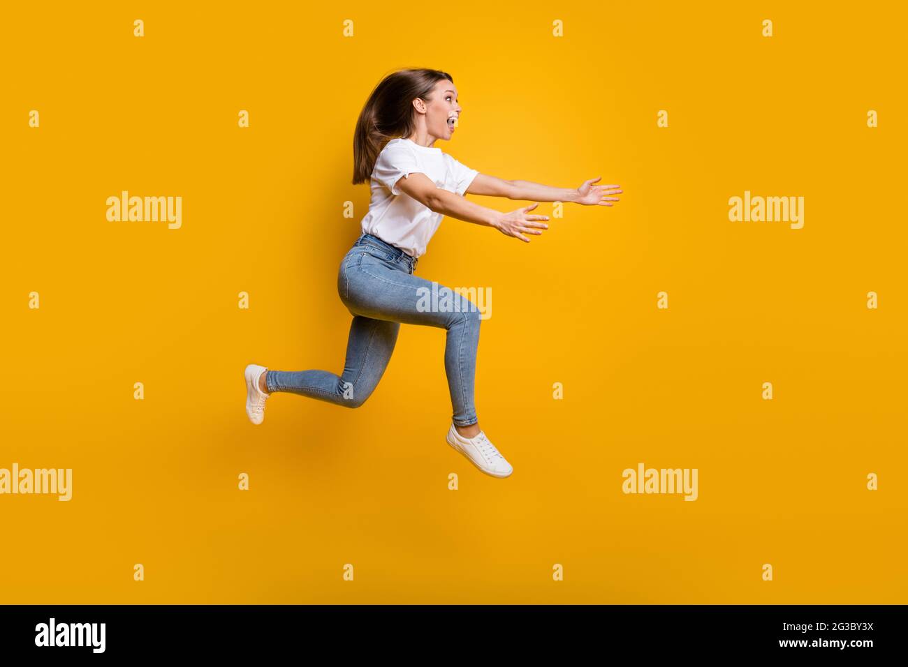 Full length body size side profile photo of young girl jumping high ...