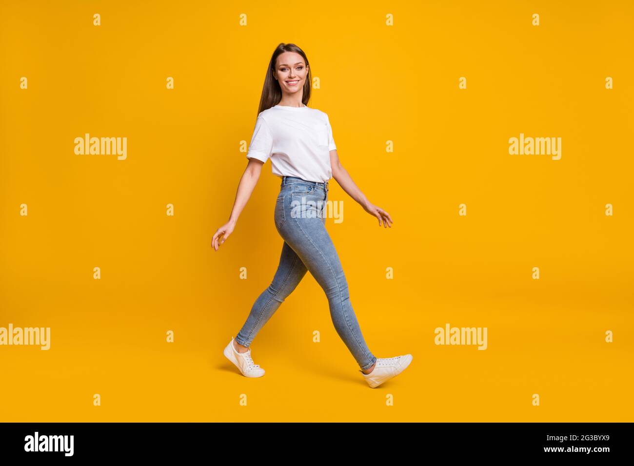 Full length body size photo of girl stepping forward looking at ...