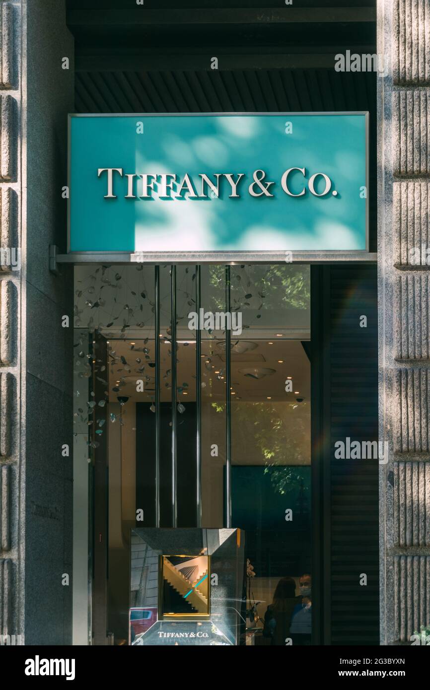 Barcelona, Spain - May 11, 2021. Logo and facade of Tiffany Co, an ...