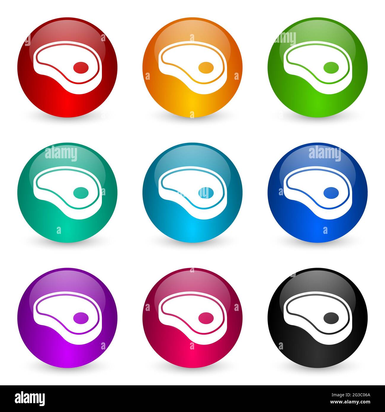 Meat, steak icon set, colorful glossy 3d rendering ball buttons in 9 ...
