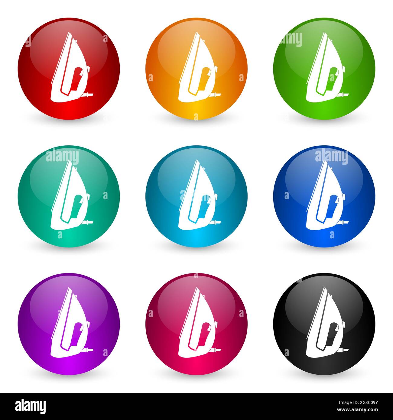 Iron icon set, colorful glossy 3d rendering ball buttons in 9 color ...