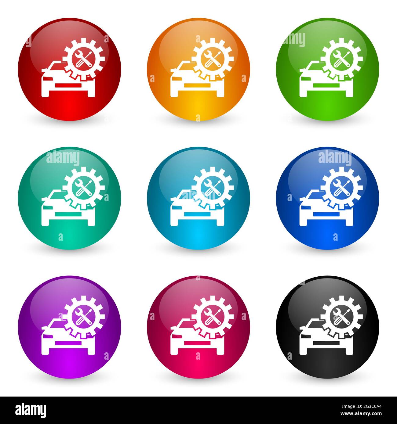 Car repair icon set, colorful glossy 3d rendering ball buttons in 9 ...