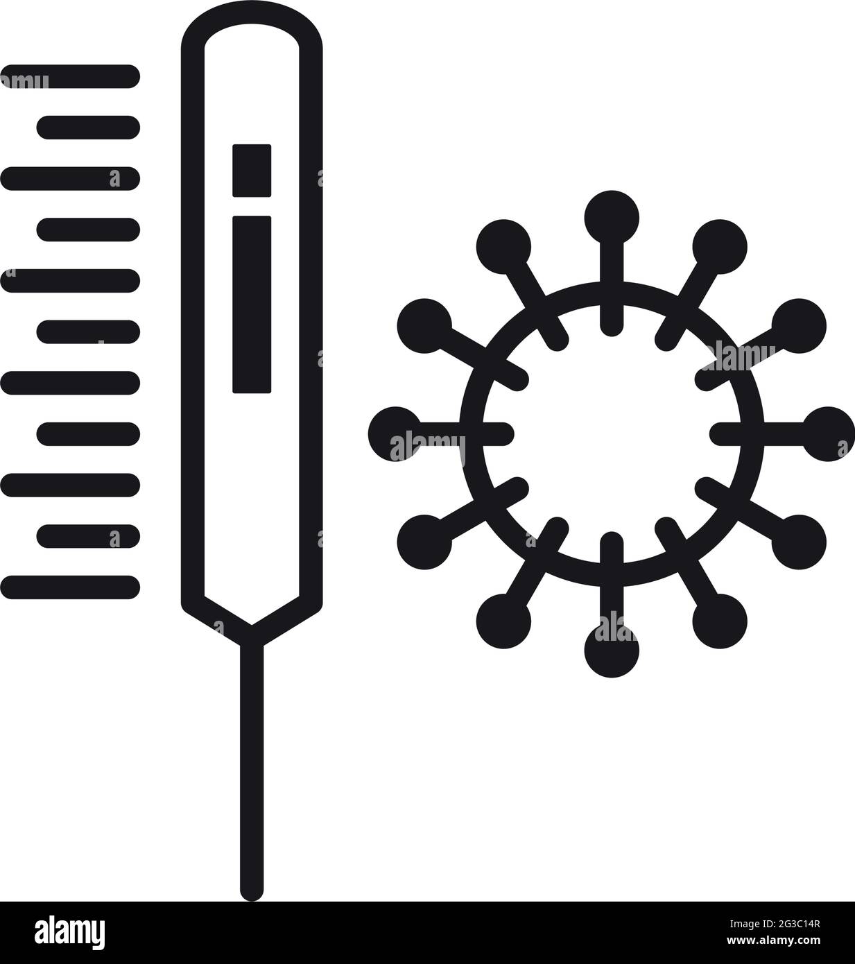 Illustration of thermometer and virus. covid 19 prevention items. Line ...