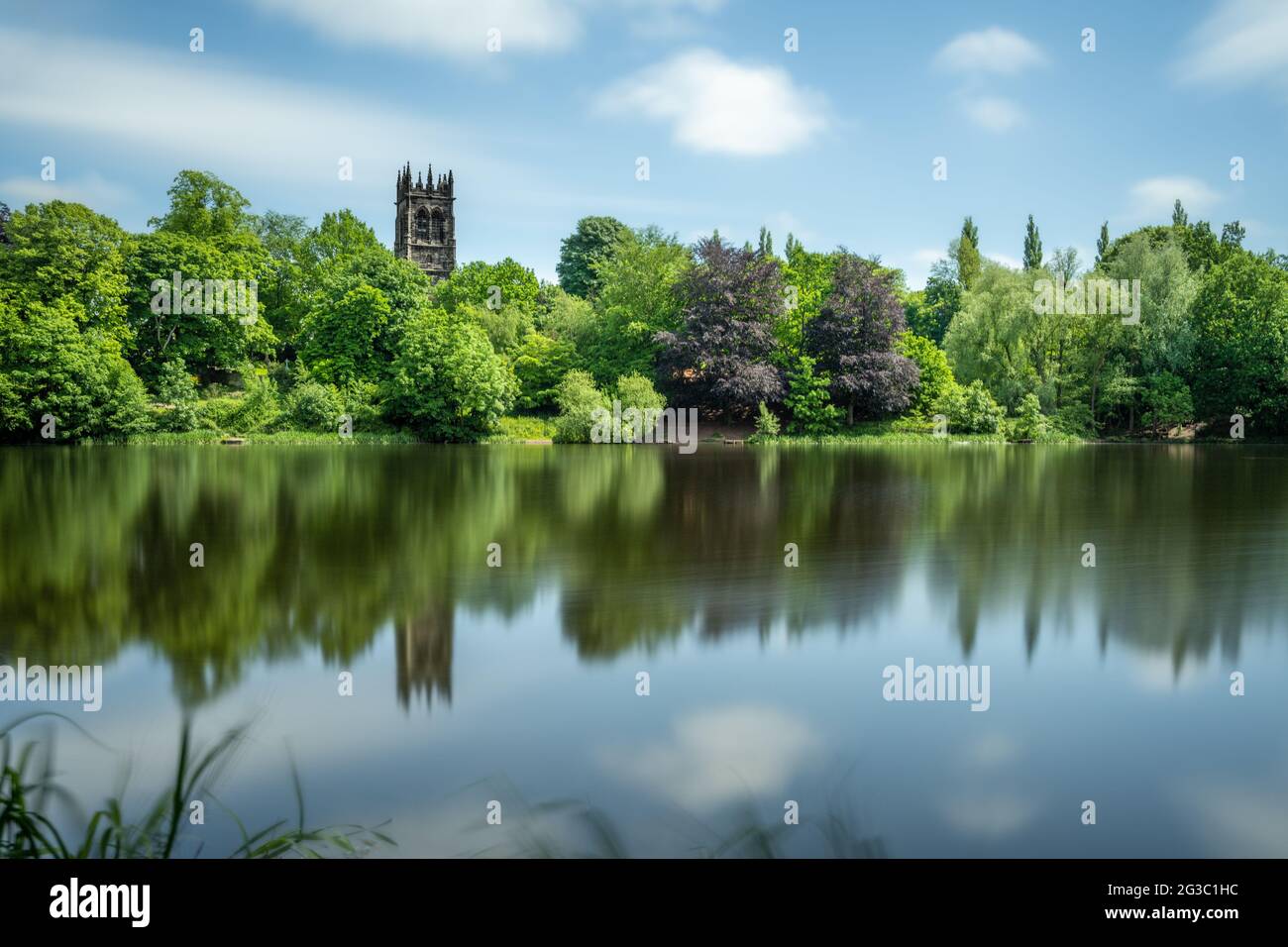 St Mary's Church, Lymm standing over Lymm Dam in Cheshire, England ...