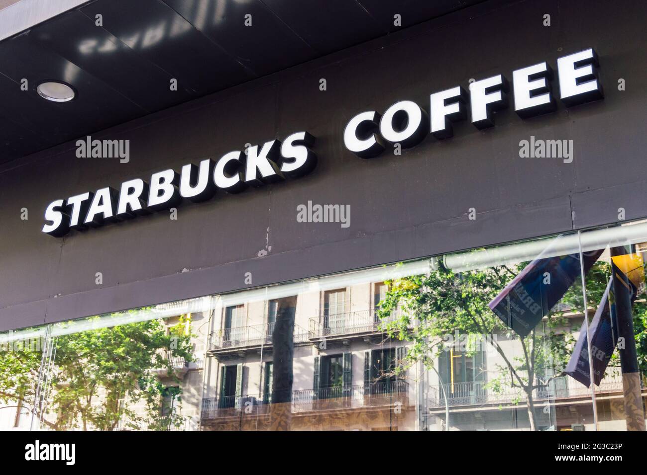 Barcelona, Spain - May 11, 2021. Logo and facade of Starbucks ...