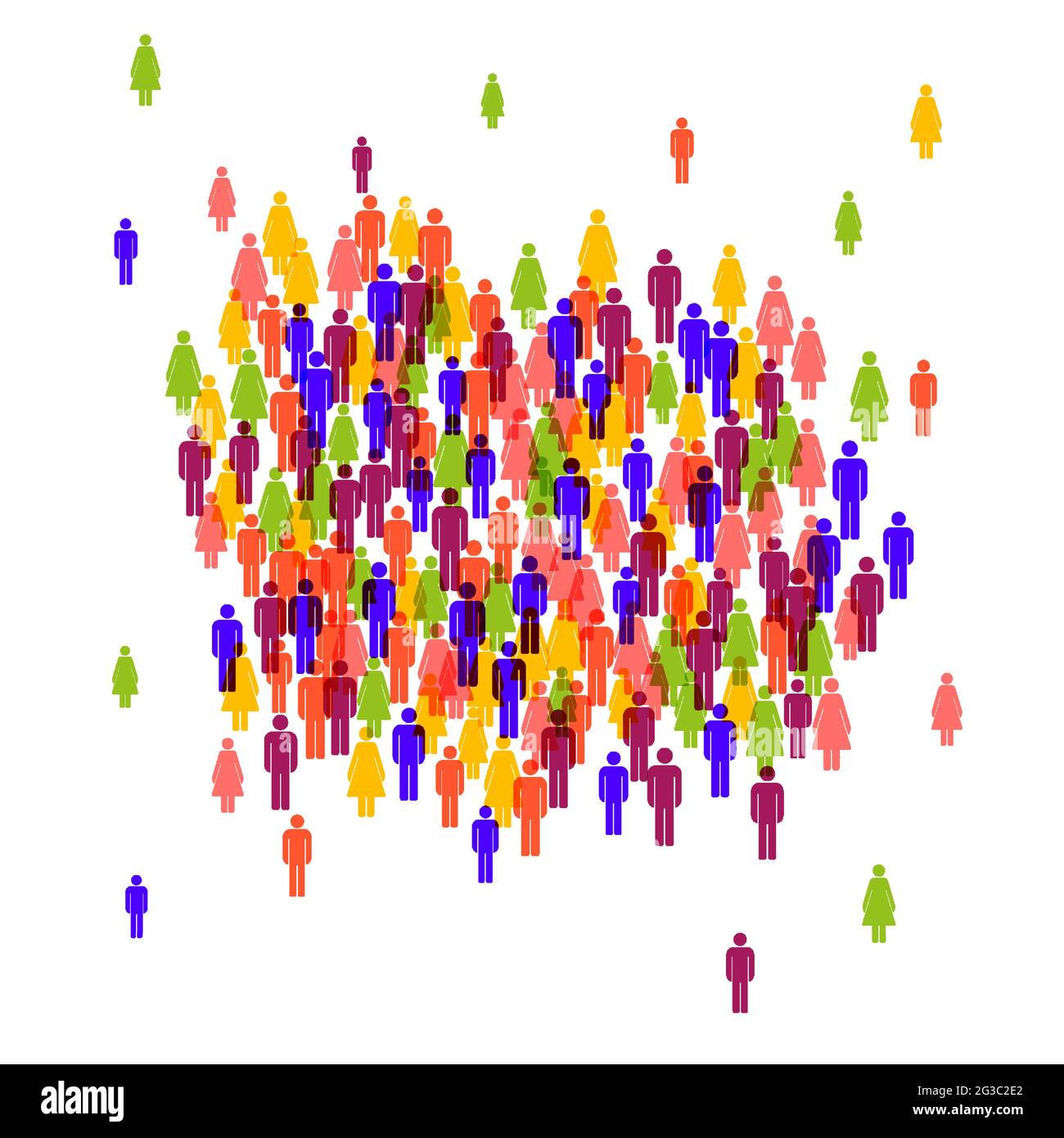 Motley crowd. Multicolored people group. Stick figure simple icons ...