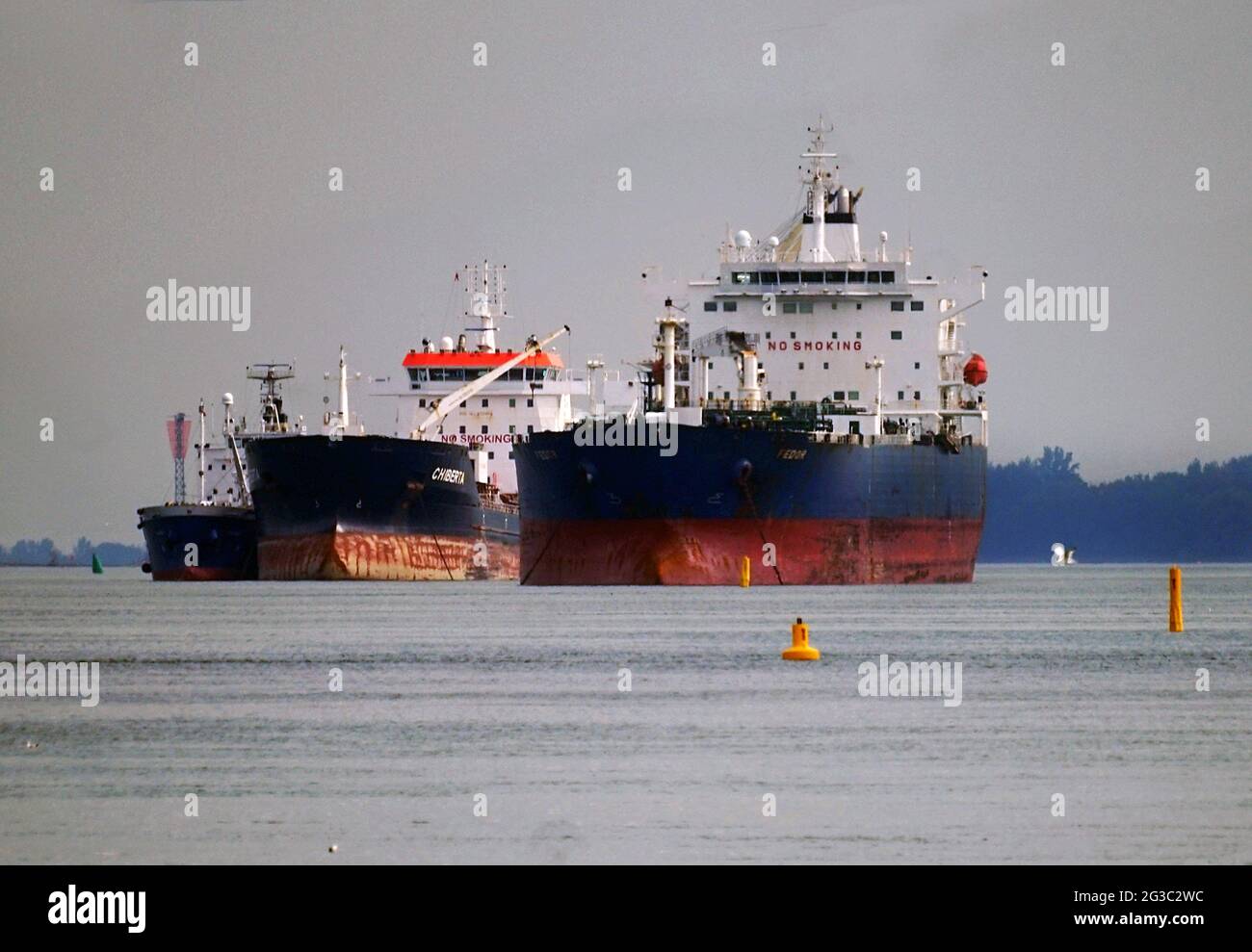 Montreal,Quebec,Canada,June 15, 2021.Cargo ships anchored in the St ...