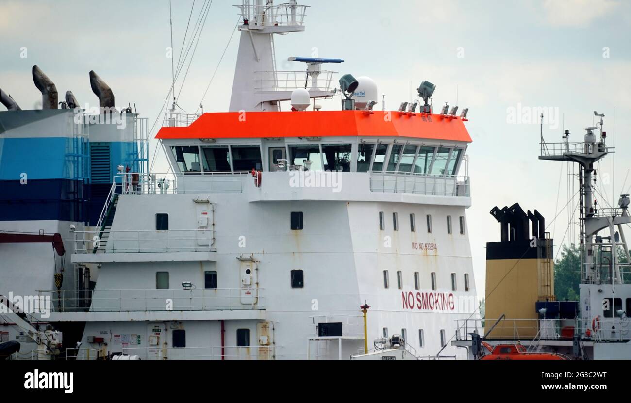 Montreal,Quebec,Canada,June 15, 2021.Bridge section of a cargo ship ...