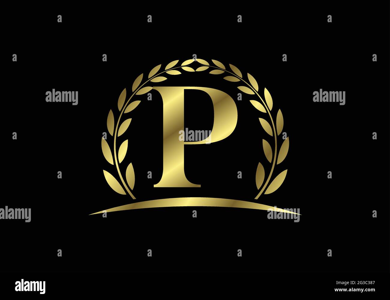 Golden letters P with a golden laurel wreath. English alphabet, vector ...