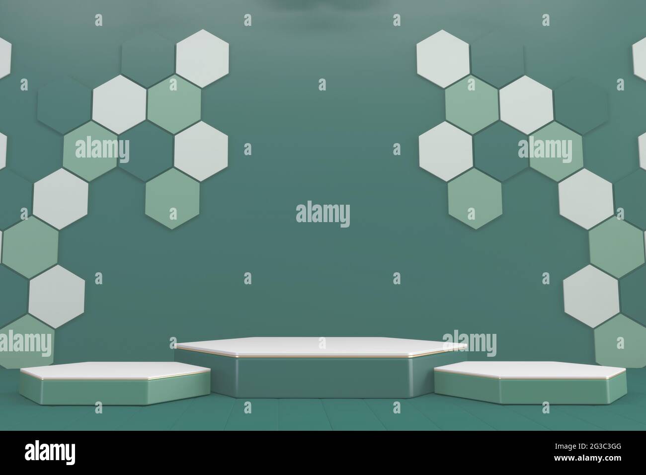 hexagon podiums green on backround gexagon patten.3D rendering Stock ...