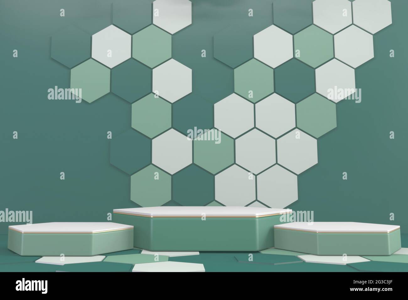 hexagon podiums green on backround gexagon patten.3D rendering Stock ...