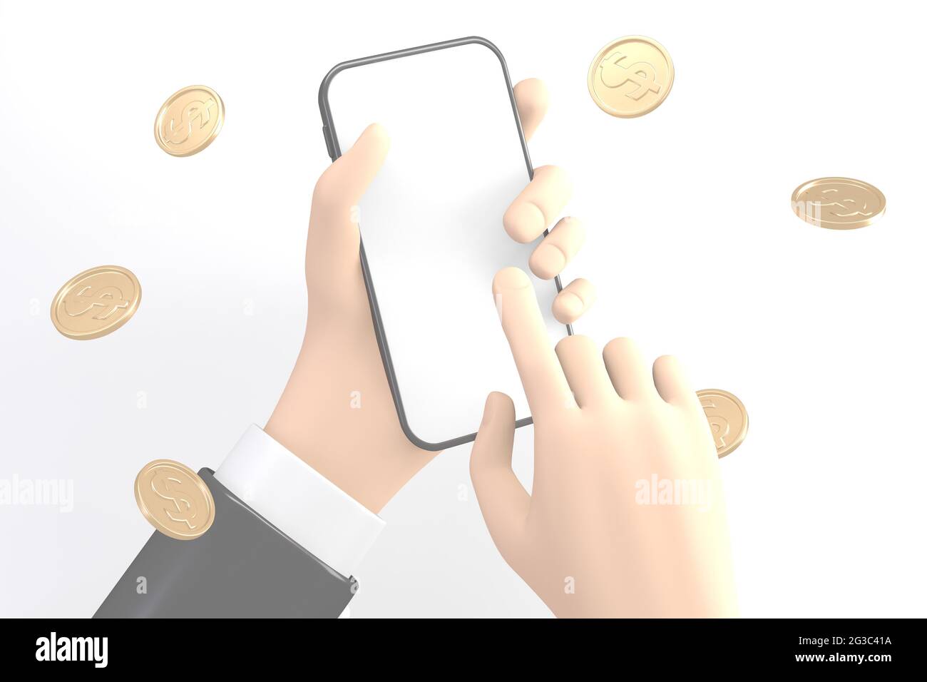 Hand using mobile phones and coins spread out on white background .3D ...