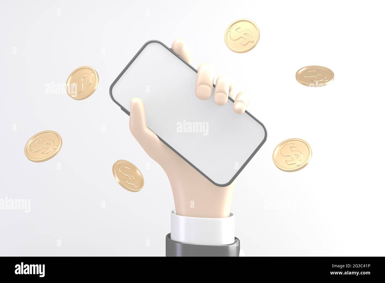 Hand using mobile phones and coins spread out on white background .3D ...