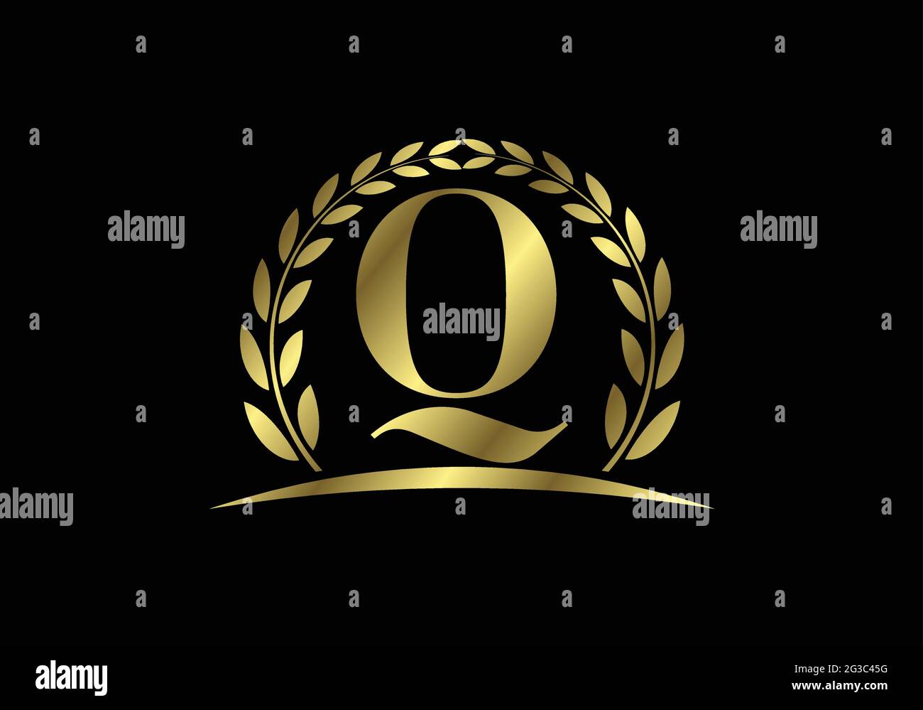 Golden letters Q with a golden laurel wreath. English alphabet, vector ...