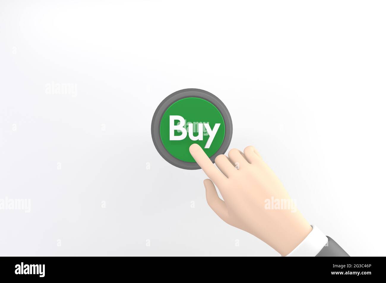 Hand pressing the green buy button on white background.3D rendering ...
