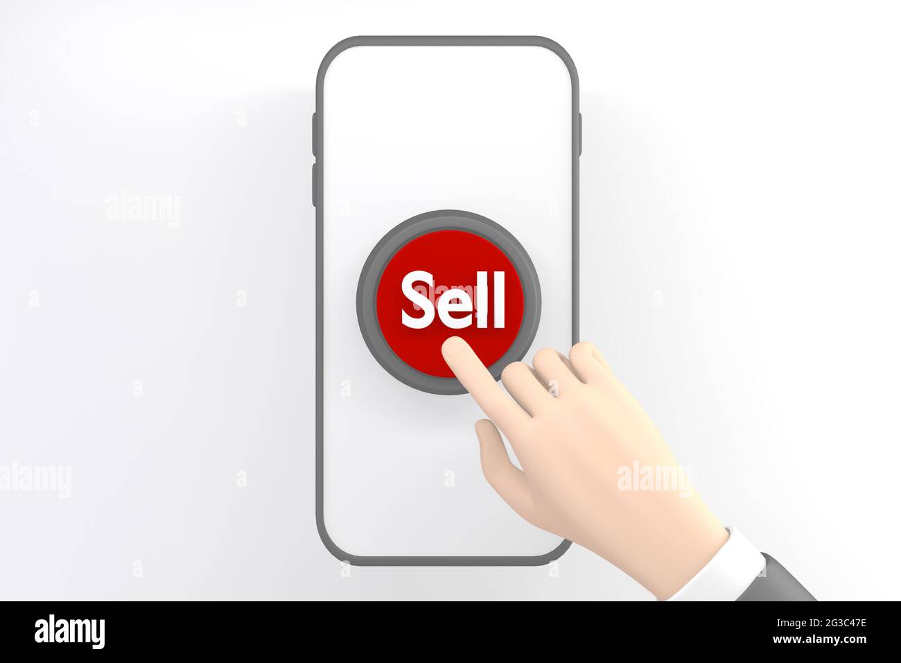 Hand pressing the red sell button on white background.3D rendering ...