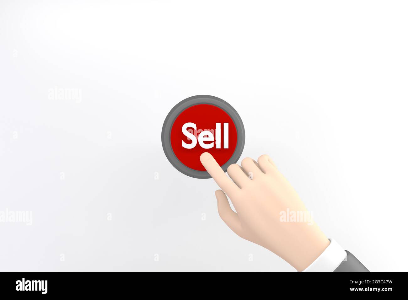 Hand pressing the red sell button on white background.3D rendering ...