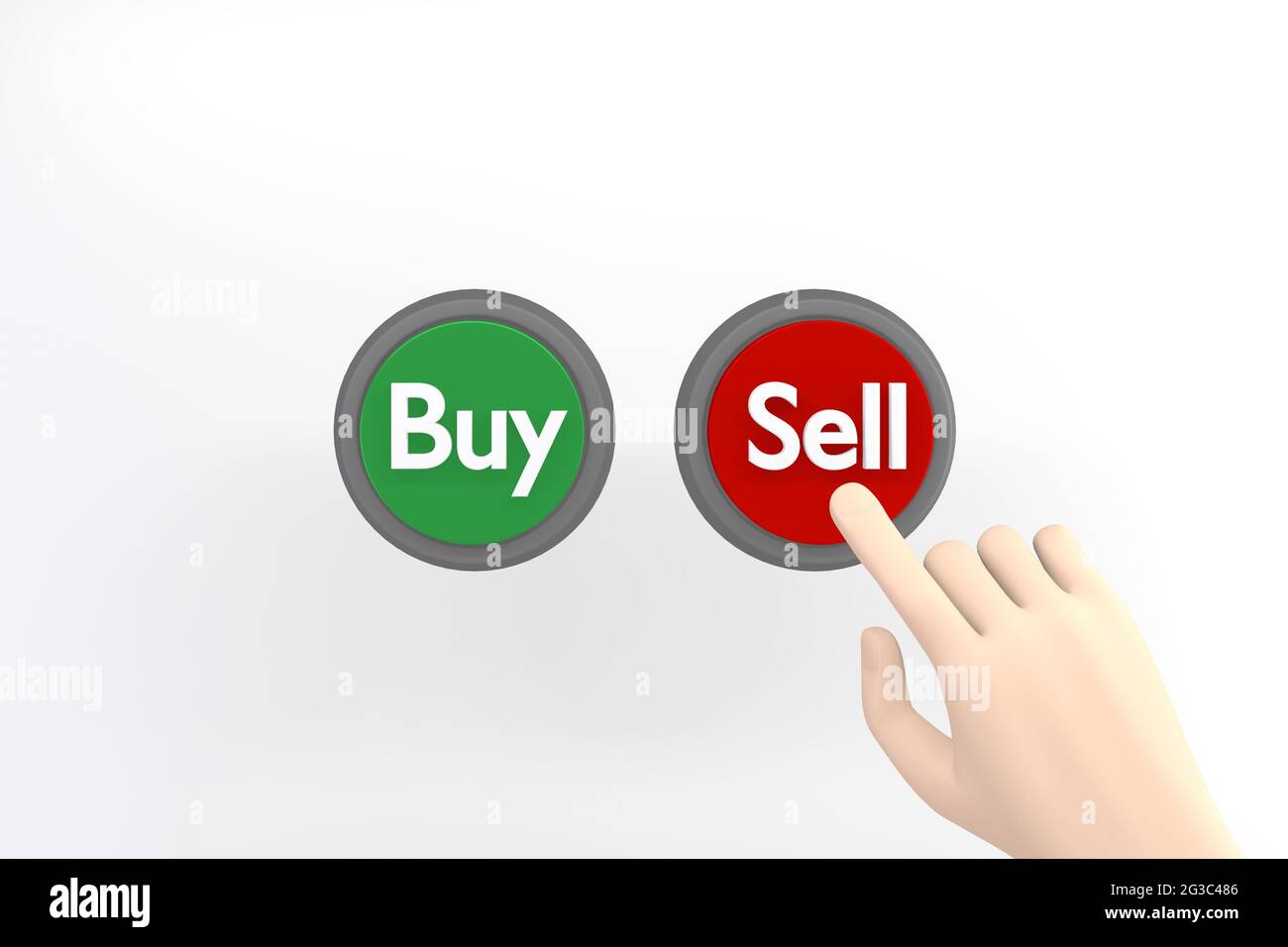 Hand pressing the red sell button on white background.3D rendering ...