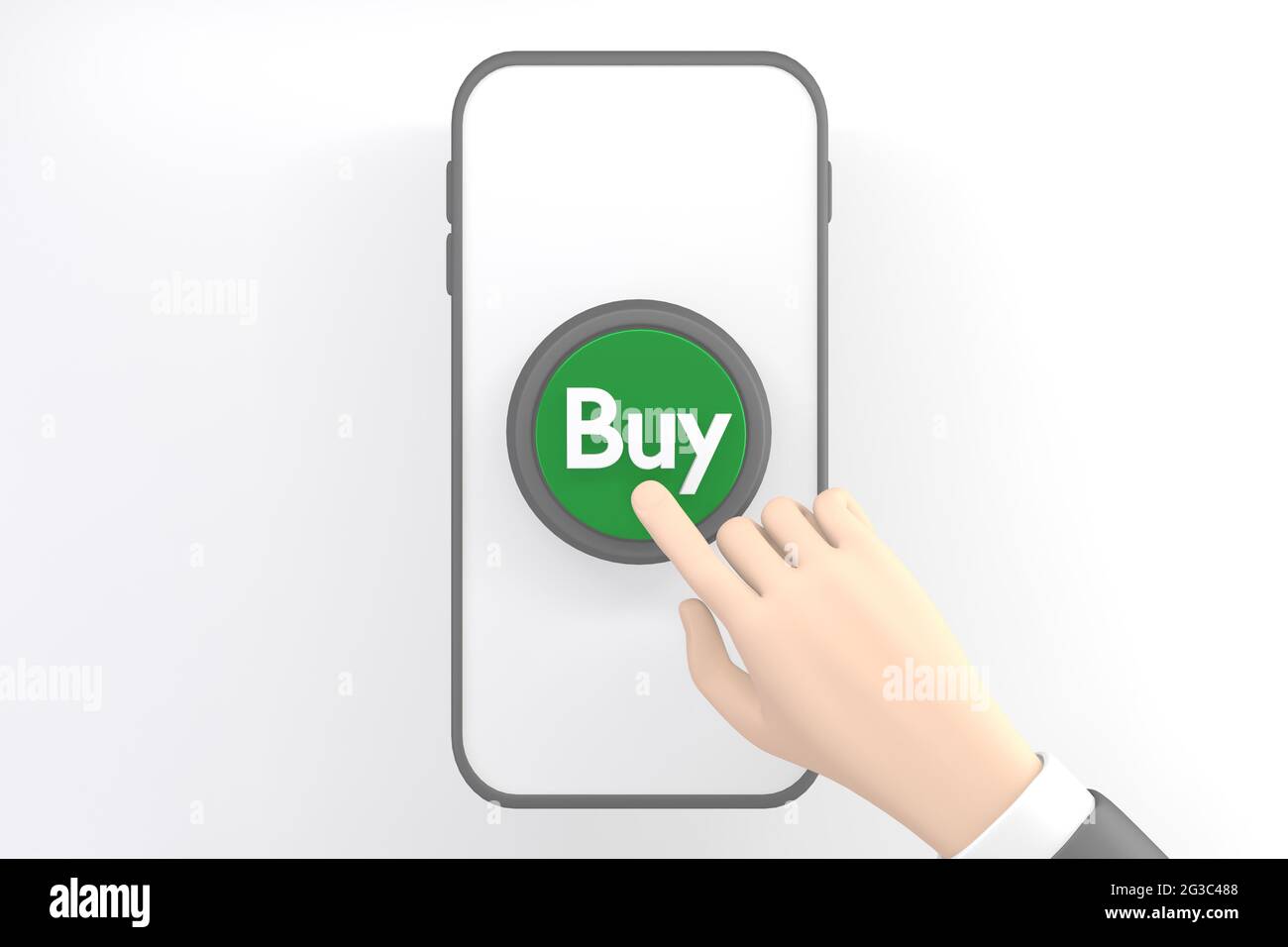 Hand pressing the green buy button on white background.3D rendering ...