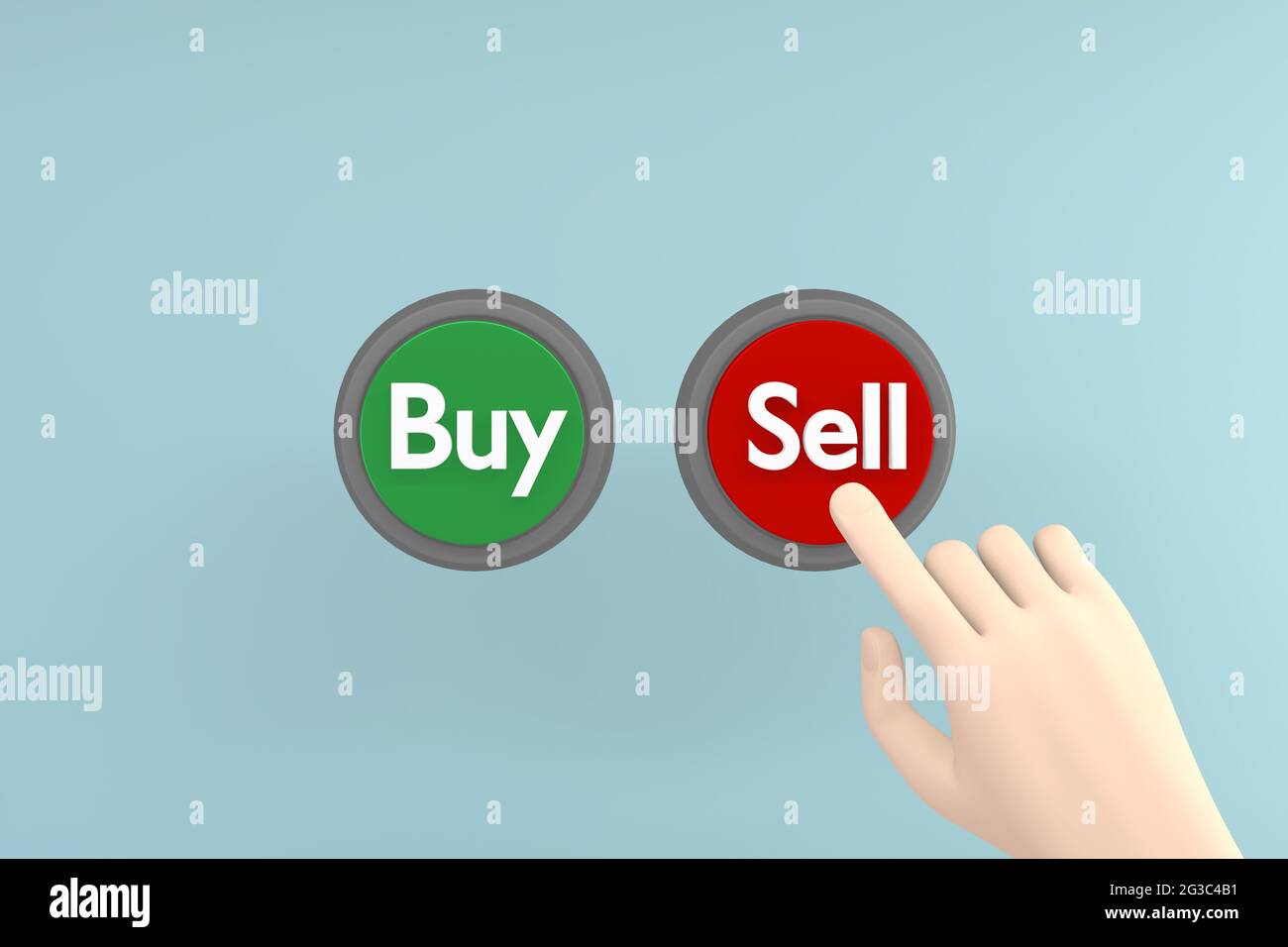 Hand pressing the red sell button on white background.3D rendering ...