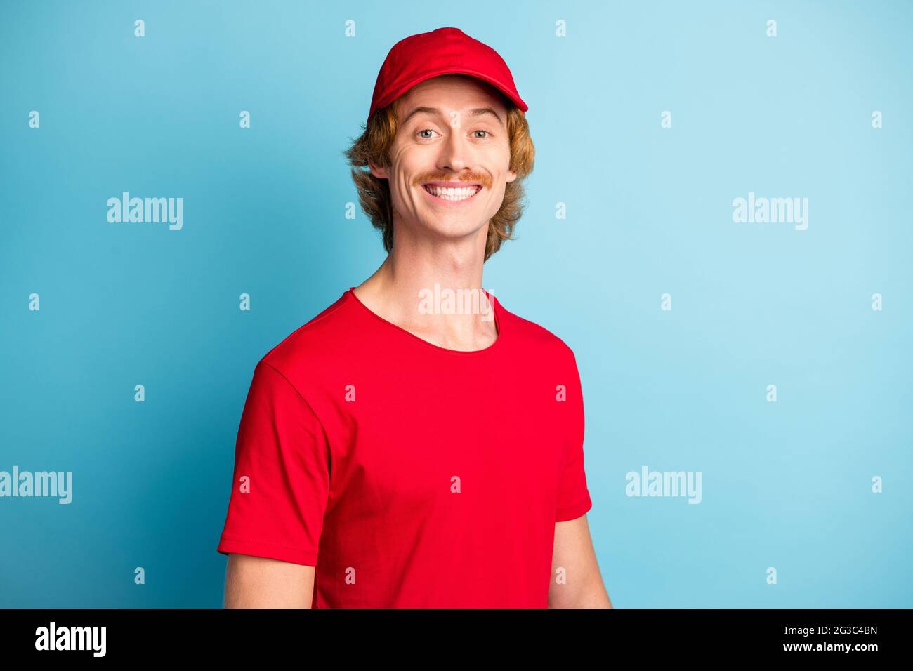 Photo of half turned satisfied person toothy smile look camera isolated ...
