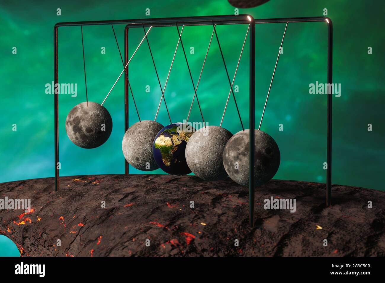 Newton's cradle physics concept with earth globe and moon in space. 3D ...