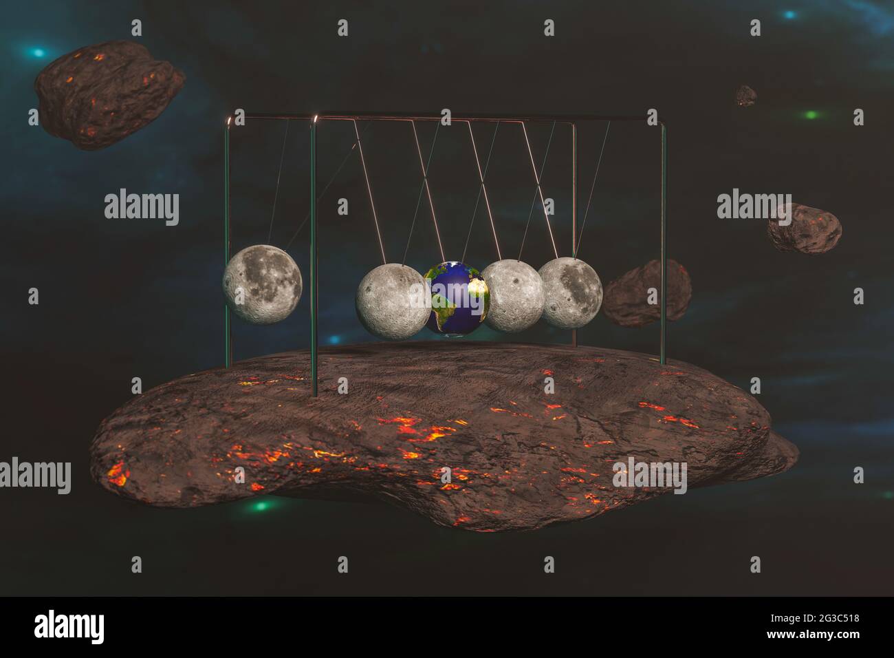 Newton's cradle physics concept with earth globe and moon in space. 3D ...