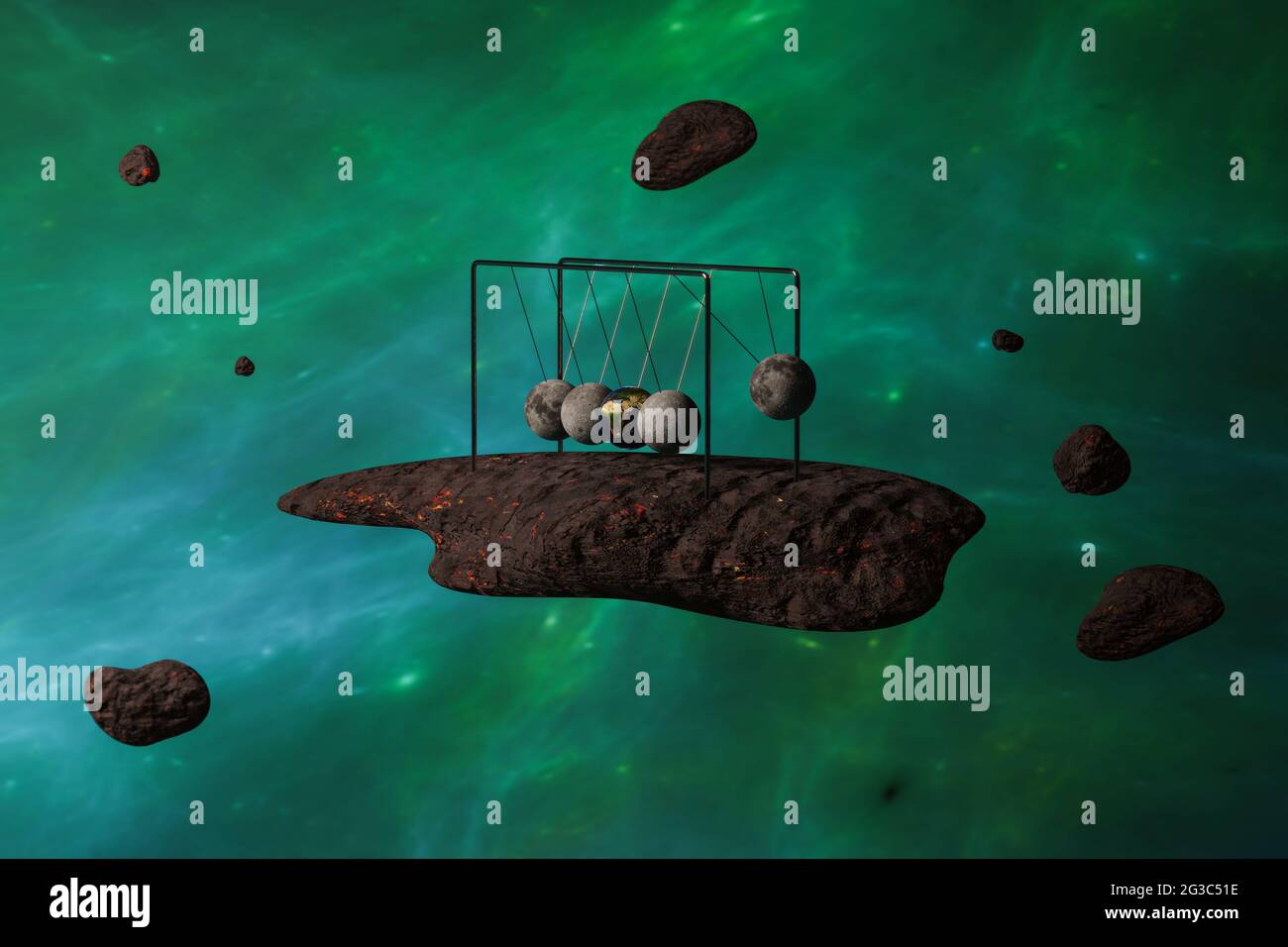 Newton's cradle physics concept with earth globe and moon in space. 3D ...