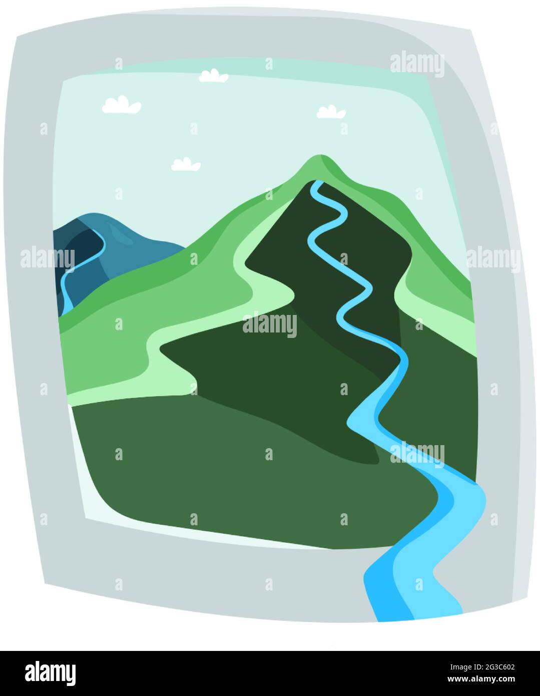 Mountain landscape with a river. Picture in a frame with a landscape ...
