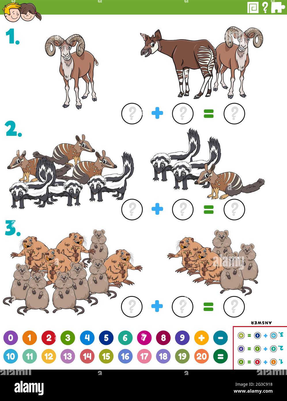Cartoon illustration of educational mathematical addition puzzle task ...