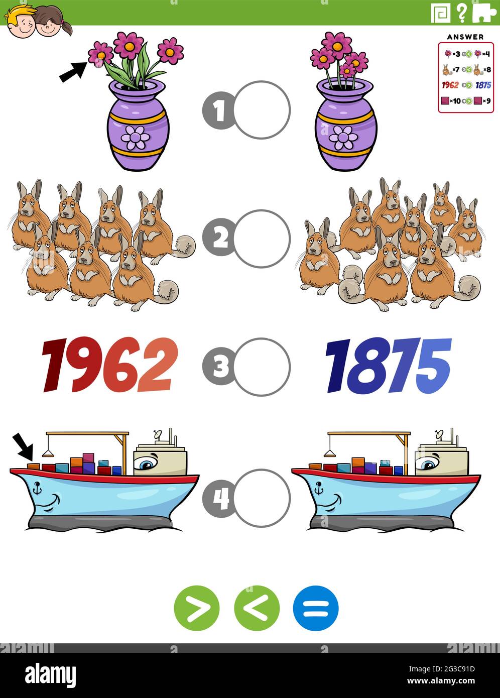 Cartoon illustration of educational mathematical puzzle game of greater ...