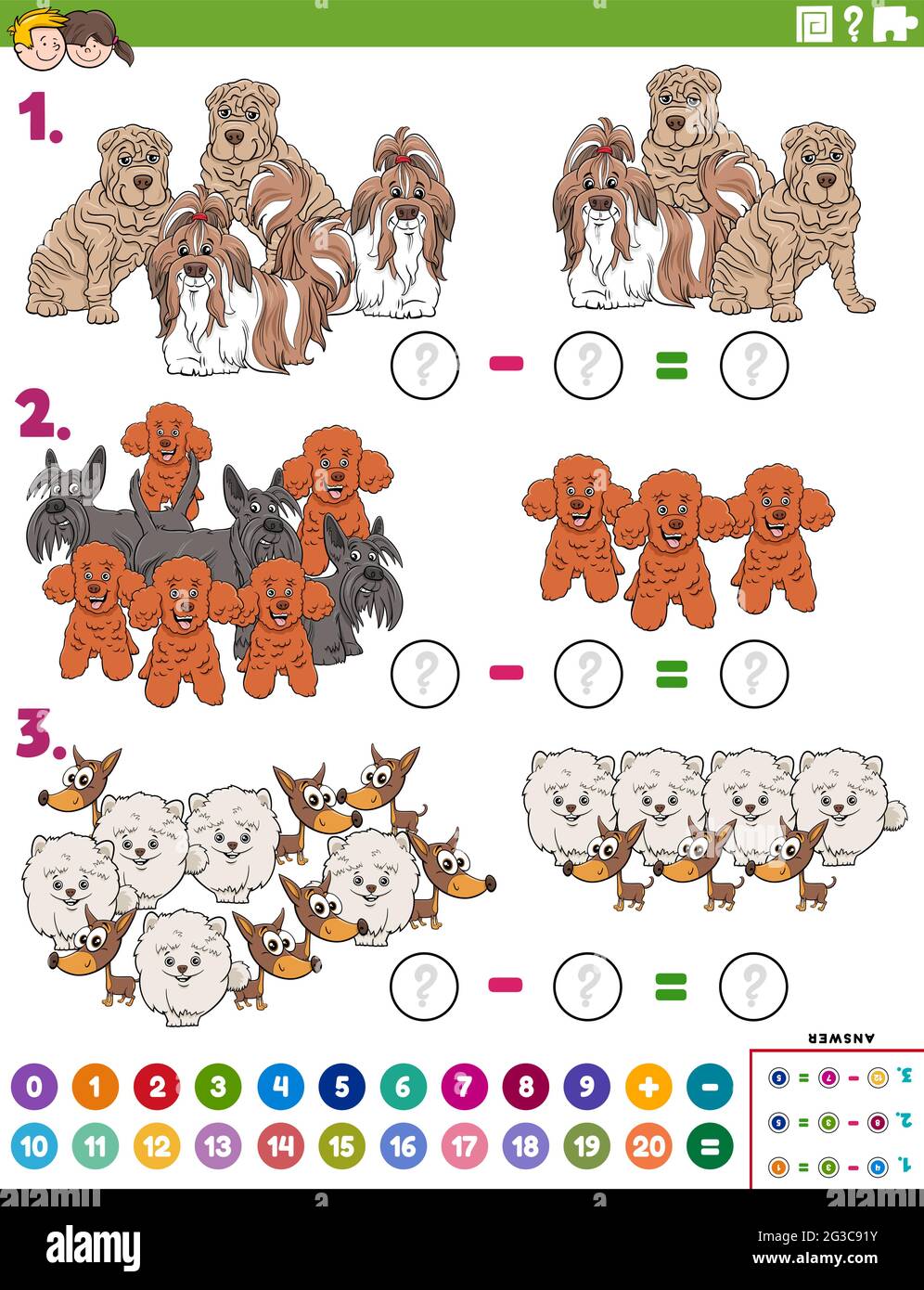 Cartoon illustration of educational mathematical subtraction puzzle ...