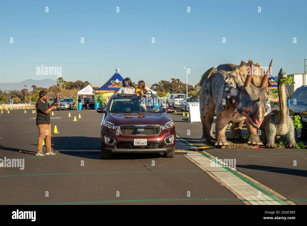 A mechanical replica of a Triceratops dinosaur is on display at a drive ...