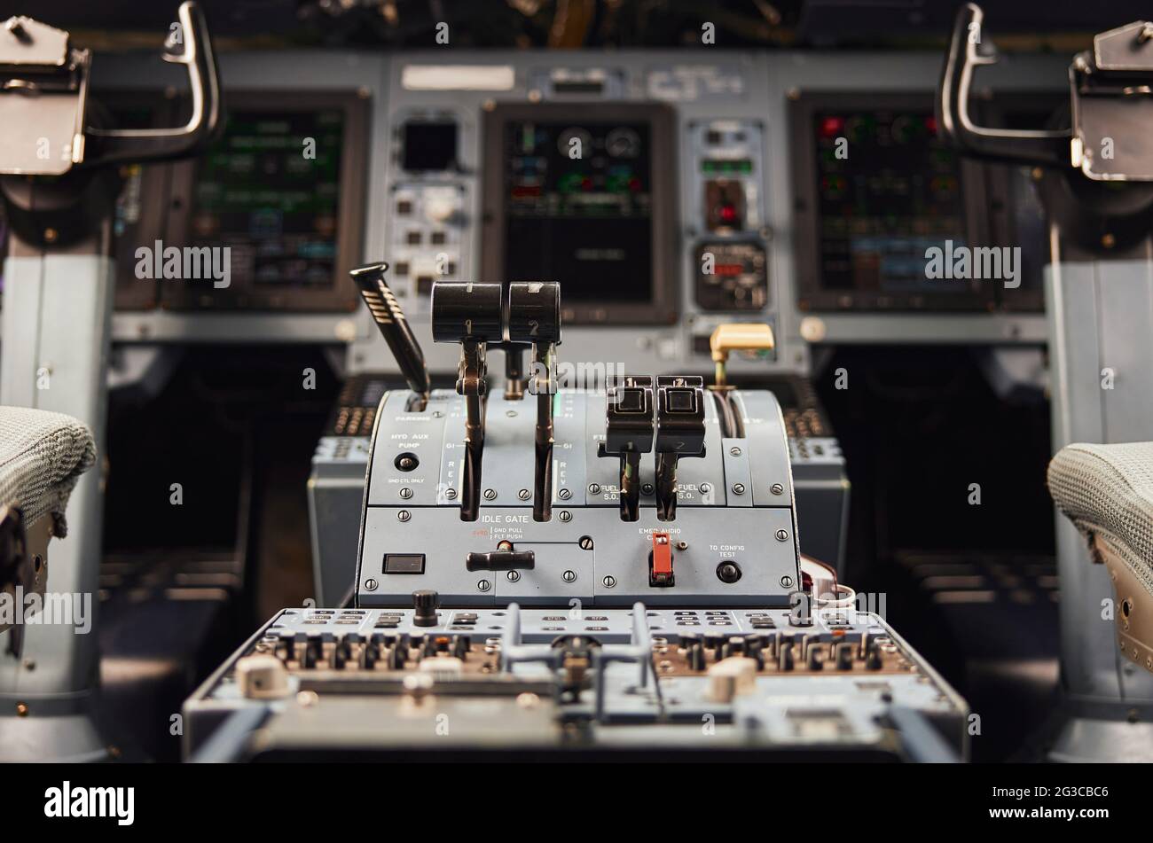 Pilot cabin in modern passenger airplane jet Stock Photo - Alamy