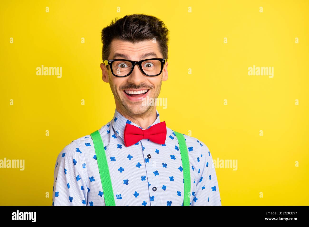 Photo of young excited cheerful man happy positive smile wear glasses ...