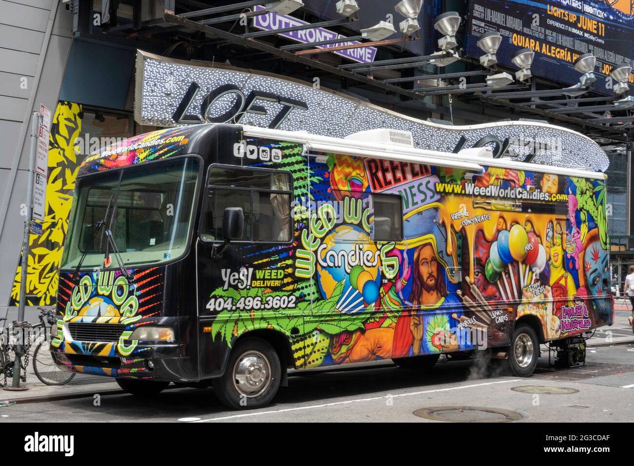 Colorfully Painted Weed World RV Parked in Times Square, NYC, USA Stock ...