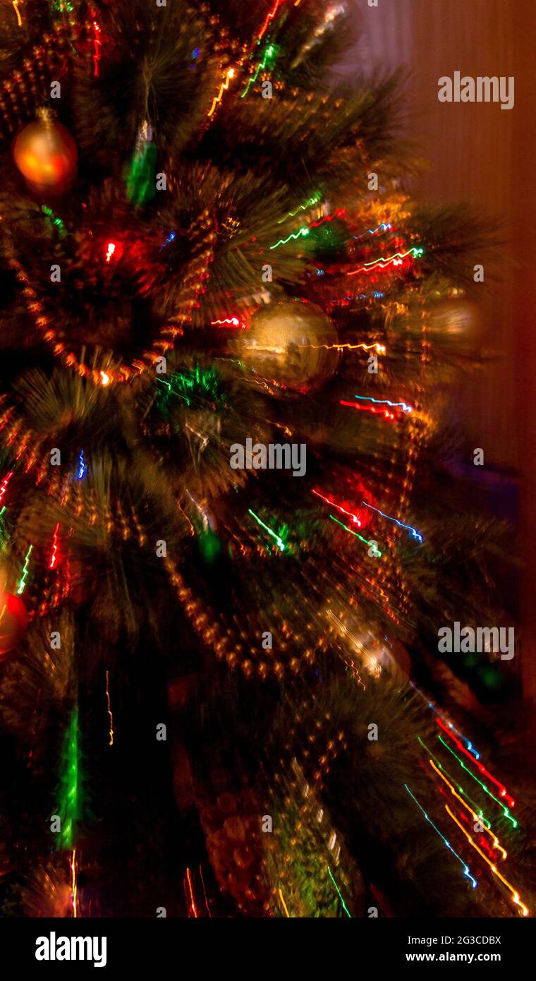Lights on Christmas tree in focus with two second exposure while ...