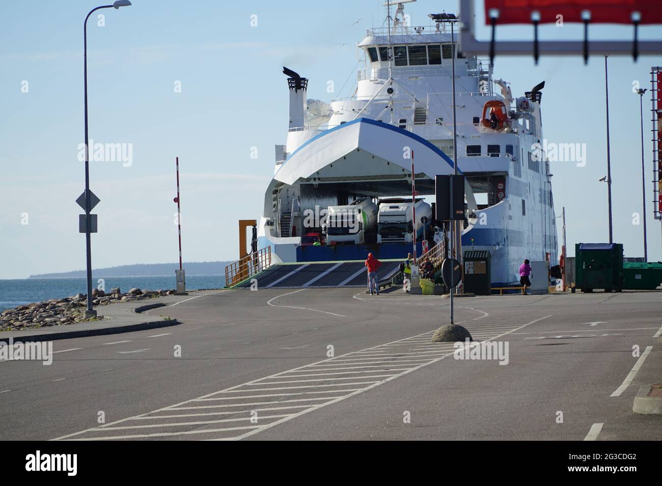 Car-ferry docked in port Virtsu, Estonia on Baltic Sea. Ro-ro ship in a ...