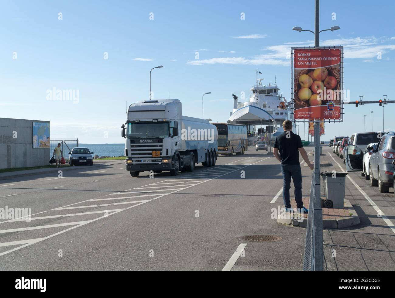 Car-ferry docked in port Virtsu, Estonia on Baltic Sea. Ro-ro ship in a ...