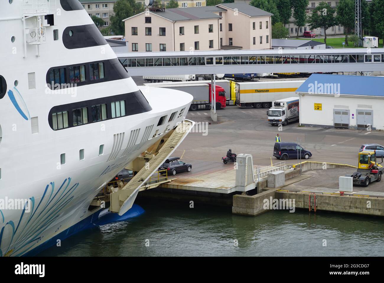 Car-ferry docked in port Tallin, Estonia on Baltic Sea. Ro-ro ship in a ...