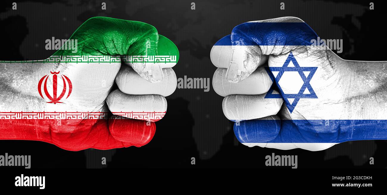 Iran Vs Israel Pointing Fist Towards each other with painted flag on ...