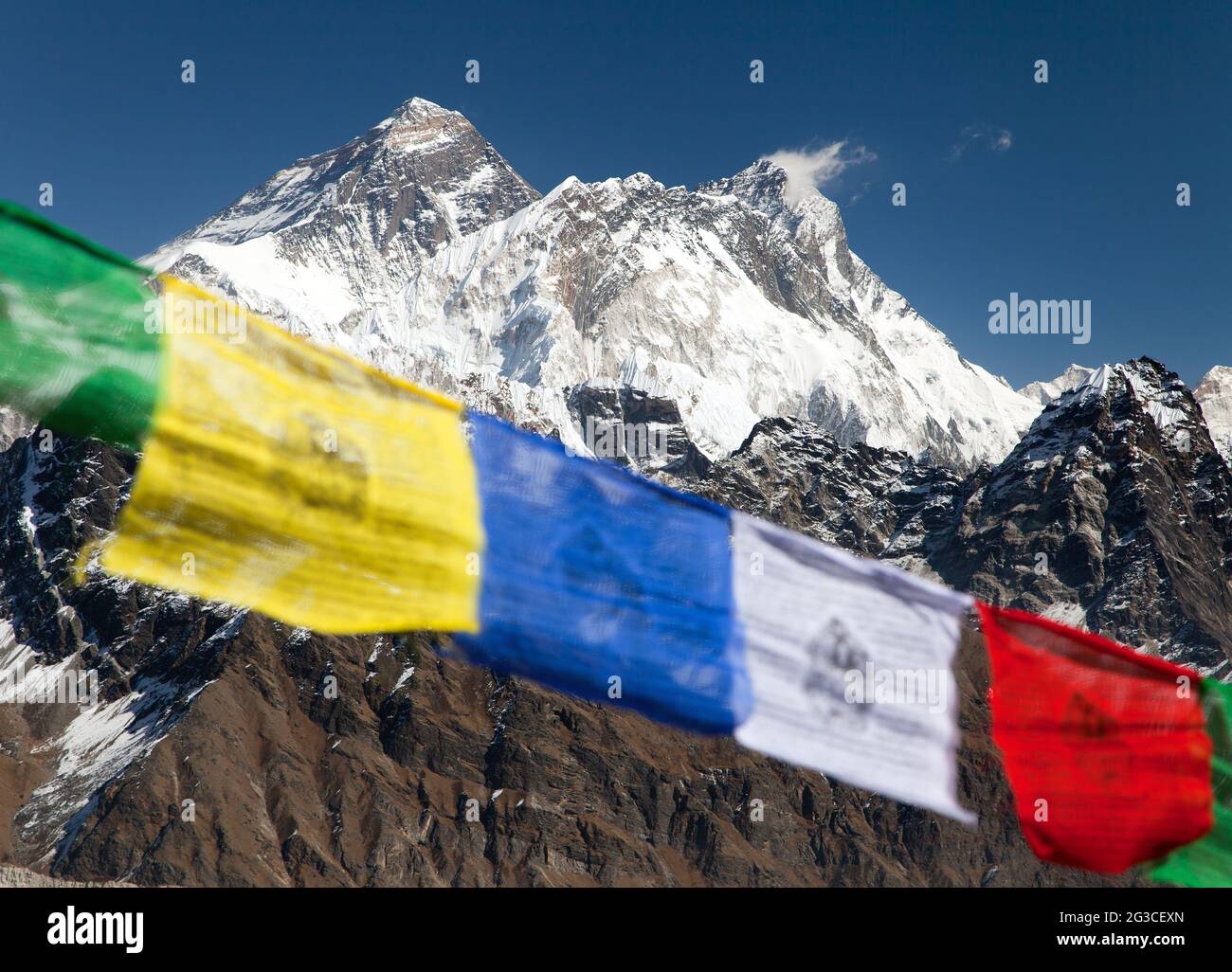 view of Mount Everest with buddhist prayer flags from Renjo La pass ...